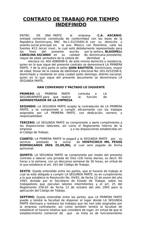 Contrato De Trabajo Por Tiempo Indefinido Contrato De Trabajo Por