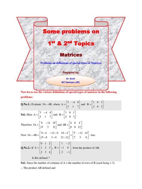 1 2 Some Problems On 1st And 2nd Topics Pdf Matrix Mathematics