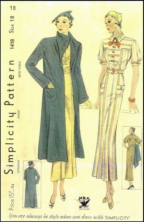 1930s Ladies Dress With Coat Reproduction 1934 Sewing Pattern T1418 36