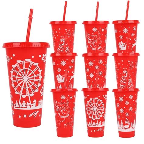 10 Pack Christmas Plastic Water Cup With Lid Straw Cup Party Cup