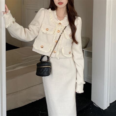 바이미뉴 라운드넥 노카라자켓 수술 크롭 트위드자켓 하이웨스트 H라인 롱스커트 트위드치마 투피스 세미정장 셋업 가을 하객룩 데이트룩