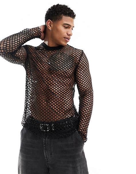 Asos Design Langärmliges Shirt In Schwarz Aus Grobmaschigem Netzstoff
