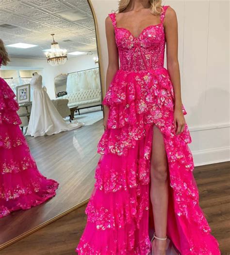 Off The Shoulder Tiered Prom Dress Sparkly Lace Appliques Evening Part