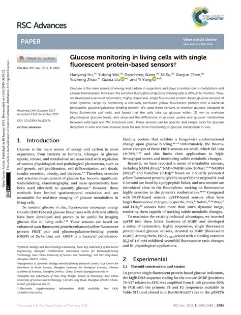 Pdf Glucose Monitoring In Living Cells With Single Fluorescent Protein Based Sensors