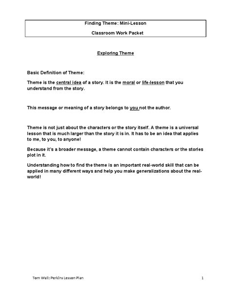 Mini Lesson Tom Wall Perkins Lesson Plan 1 Finding Theme Mini Lesson Classroom Work Packet
