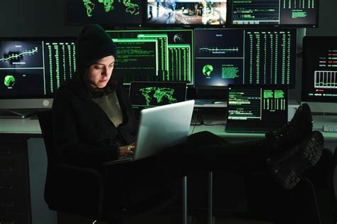 Premium Photo Informatic Hacker Woman Typing Code On Laptop At Background A Lot Of Computer