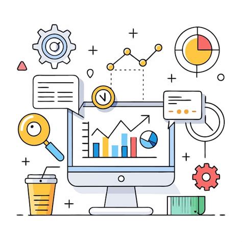 Desktop Computer With Data Analysis Charts And Graphs Icons And A