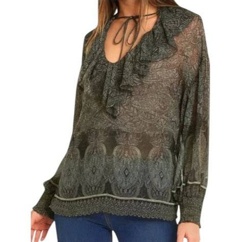 Alice Olivia Tops Alice Olivia Sheer Ruffle Paisley Blouse Green