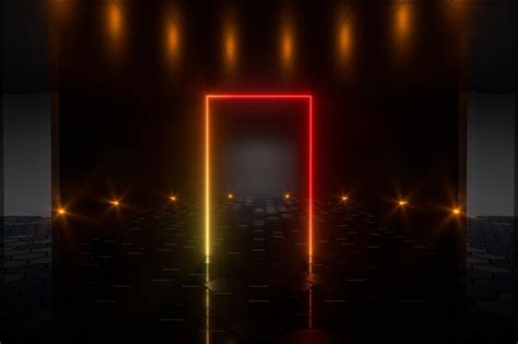 어두운 무대 배경 3d 렌더링이 있는 그라데이션 빛나는 선 프리미엄 사진