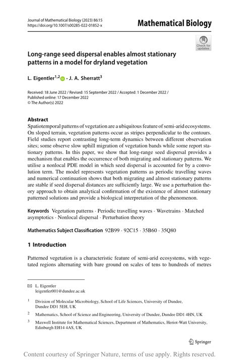 Pdf Long Range Seed Dispersal Enables Almost Stationary Patterns In A