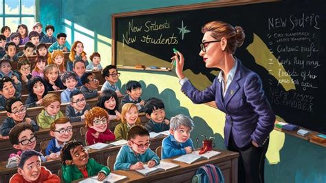 A Cartoon Of A Teacher With A Chalkboard That Says New School On It