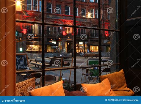 Night View From Cafe Window To Old European Street Editorial Stock