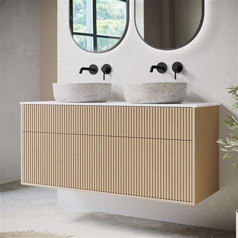 1250mm Wooden Fluted Wall Hung Double Countertop Vanity Unit With Stone