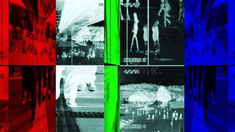 Cctv Surveillance Camera Split Screen Background Showing People Walking On Pulic City Street