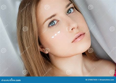 Beautiful Woman With Skincare Cream On Her Face Stock Image Image Of