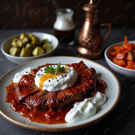 Iskender Kebab In Copper Serving Served With Pickles Yogurt Flatbread And Ayran Premium Ai