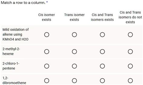 Match A Row To A Column Mild Oxidation Of Alkene Using Kmno4 And H2o