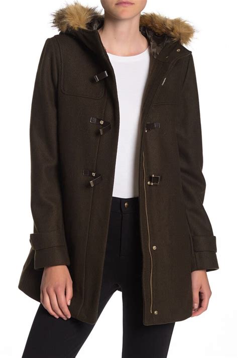 Cole Haan Wool Blend Faux Fur Trim Hooded Coat Shopstyle