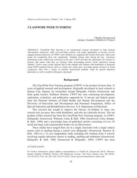 Pdf Classwide Peer Tutoring