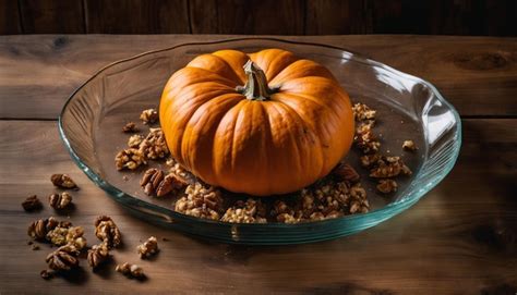 Premium Ai Image A Glass Bowl With Pecans And A Pumpkin