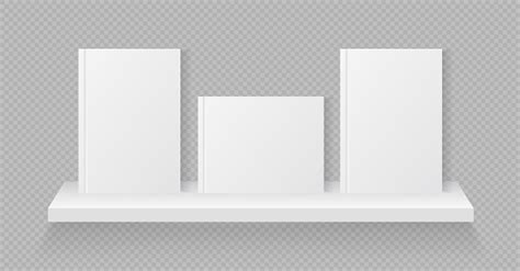 책장에 책 표지와 책의 흰색 모형 잡지 및 도서관 선반 상점 가정 및 사무실을 위한 쇼케이스에서 사실적인 책을 조롱하는 빈 모의 랙에 세 개의 브로셔가 줄지어 있습니다 벡터