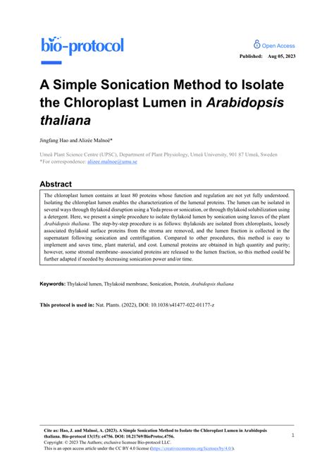 Pdf A Simple Sonication Method To Isolate The Chloroplast Lumen In