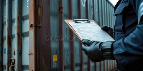 Inspector In Uniform Holding Clipboard Checking Shipping Containers At