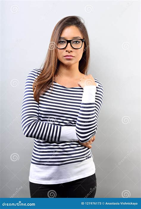 Beautiful Business Serious Woman In Glasses Looking With Thinkin Stock