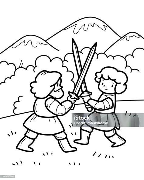 동화 캐릭터가 있는 벡터 윤곽선 일러스트레이션 좋은 왕자와 악당 사이의 칼 싸움 색칠 공부 책의 페이지에 대한 이야기가있는 선 그리기 검에 대한 스톡 벡터 아트 및 기타