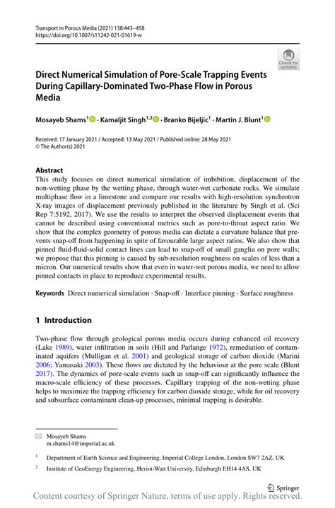 Pdf Direct Numerical Simulation Of Pore Scale Trapping Events During Capillary Dominated Two