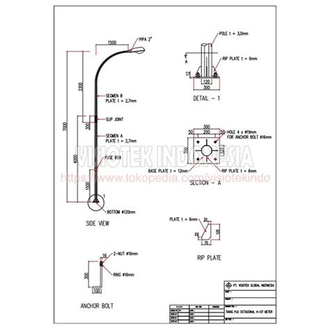 Jual Promo Tiang Lampu Pju Single Arm 7 Meter Tower Jalan Oktagonal Hd