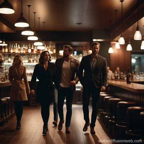 A Realistic Photograph Of A Group Of People Walking In A Bar Some