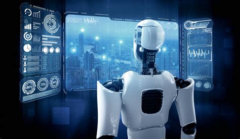 Mlp Humanoid Ai Robot Looking At Hologram Screen Showing Concept Of Big Data Stock Illustration