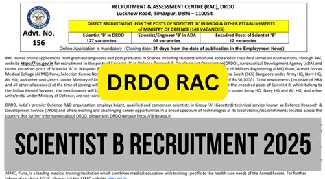 148 Posts Defence Research And Development Organisation DRDO RAC Scientist B Recruitment