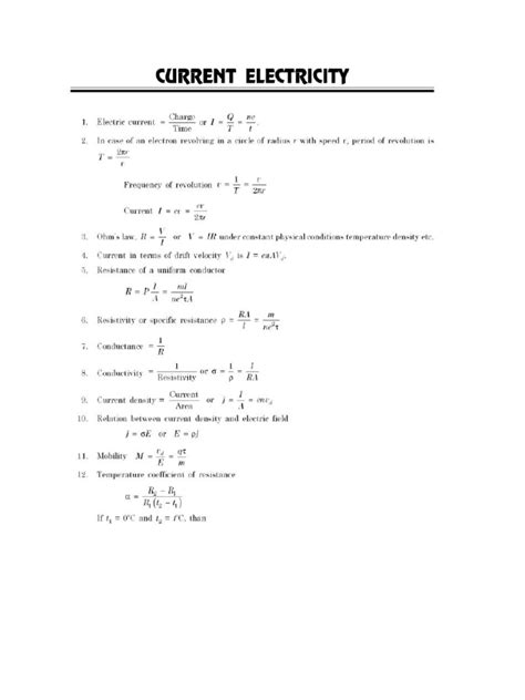 Formulas Of Chapter Current Electricity Pdf