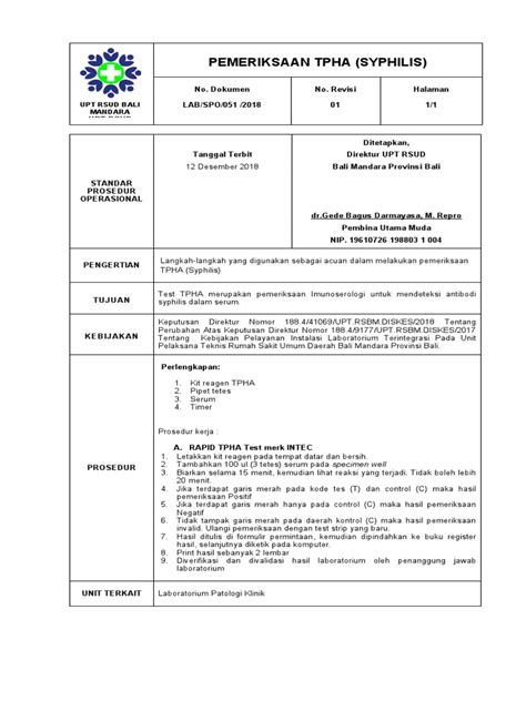 Standar Operasional Prosedur Pemeriksaan Tpha Syphilis Pdf