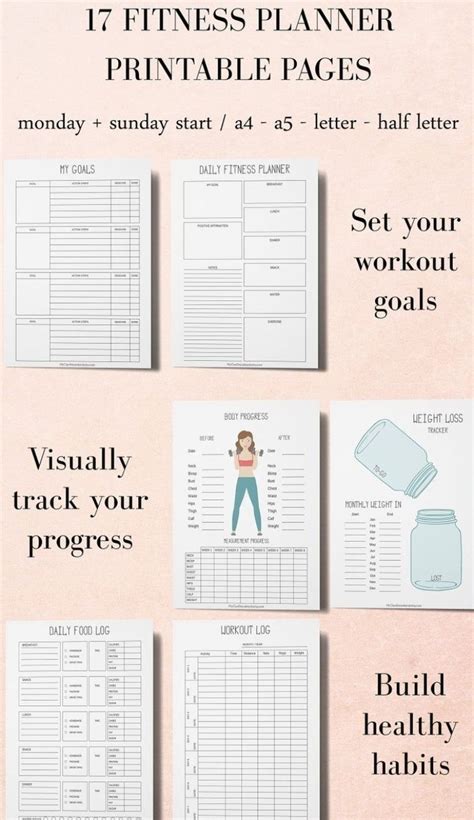 Fitnesss And Health Planner Printable Workout At Home Push Yourself And