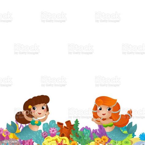 산호초 인어 공주와 행복한 물고기들이 아이들을 위한 고립된 그림 근처에서 수영하는 만화 장면 0명에 대한 스톡 벡터 아트 및