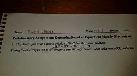 Solved The Electrolysis Of An Aqueous Solution Of NaCl Has Chegg