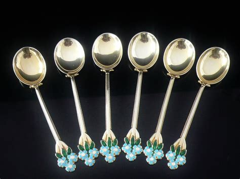 6 Cased Sterling Silver Enamel Coffee Spoons Turner And Simpson Ltd 1950