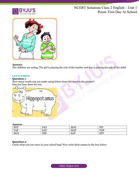 Ncert Solutions For Class 2 English Unit 1 Poem First Day At School Pdf