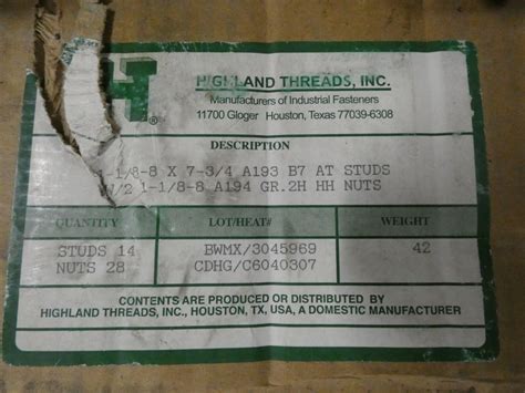 1 18 8 X 7 34 8un Thread A193 Grade B7 Stud With 2 Hex Nuts Lot Of