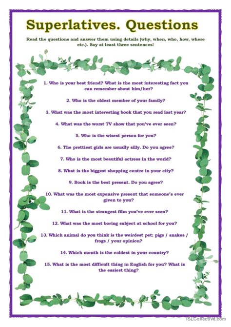 Superlatives Speaking Questions English ESL Worksheets Pdf Doc