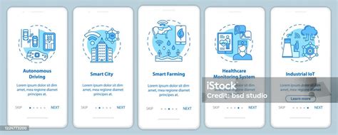 선형 개념의 모바일 앱 페이지 화면에 온보딩하는 5g 기술 스마트 시티 자율 주행 5개의 연습 단계 그래픽 지침 Ux Ui 그림이 있는 Gui 벡터 템플릿 농업에 대한 스톡