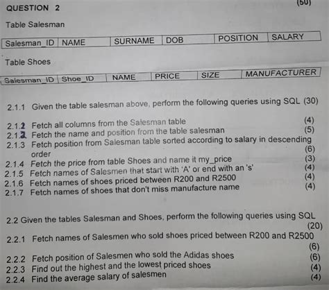Solved 211 Given The Table Salesman Above Perform The