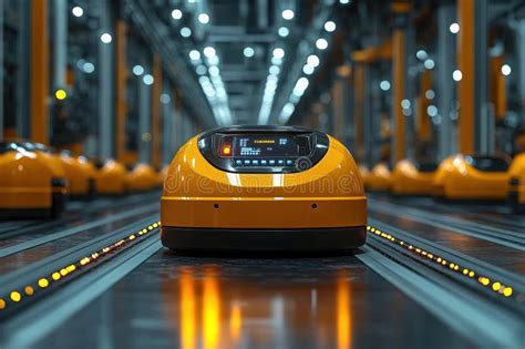 A Line Of Autonomous Robots With A Focus On One Robot Moving On A Track In A Warehouse Stock