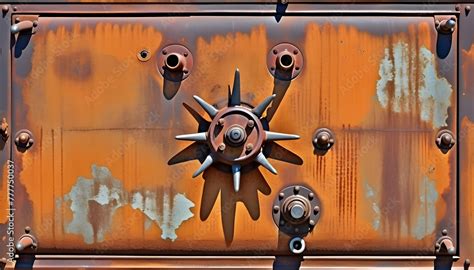 Rusty Metal Surface With A Circular Abstract Metal Sculpture Featuring Radial Spikes And