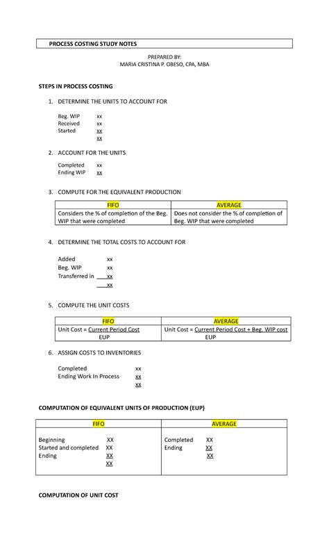 Process Costing Study Notes PROCESS COSTING STUDY NOTES PREPARED BY MARIA CRISTINA P OBESO