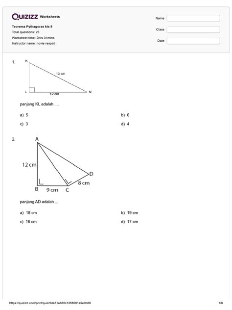 Teorema Pythagoras Kls 8 Quizizz Pdf