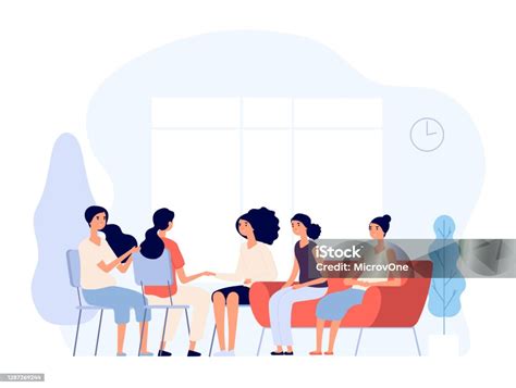 여성 치료 심리학자와 상담하는 여성은 그룹에서 정신과 의사에게 상담하는 여성을 우울하게했습니다 정신 분석 벡터 개념 건강관리와 의술에 대한 스톡 벡터 아트 및 기타 이미지